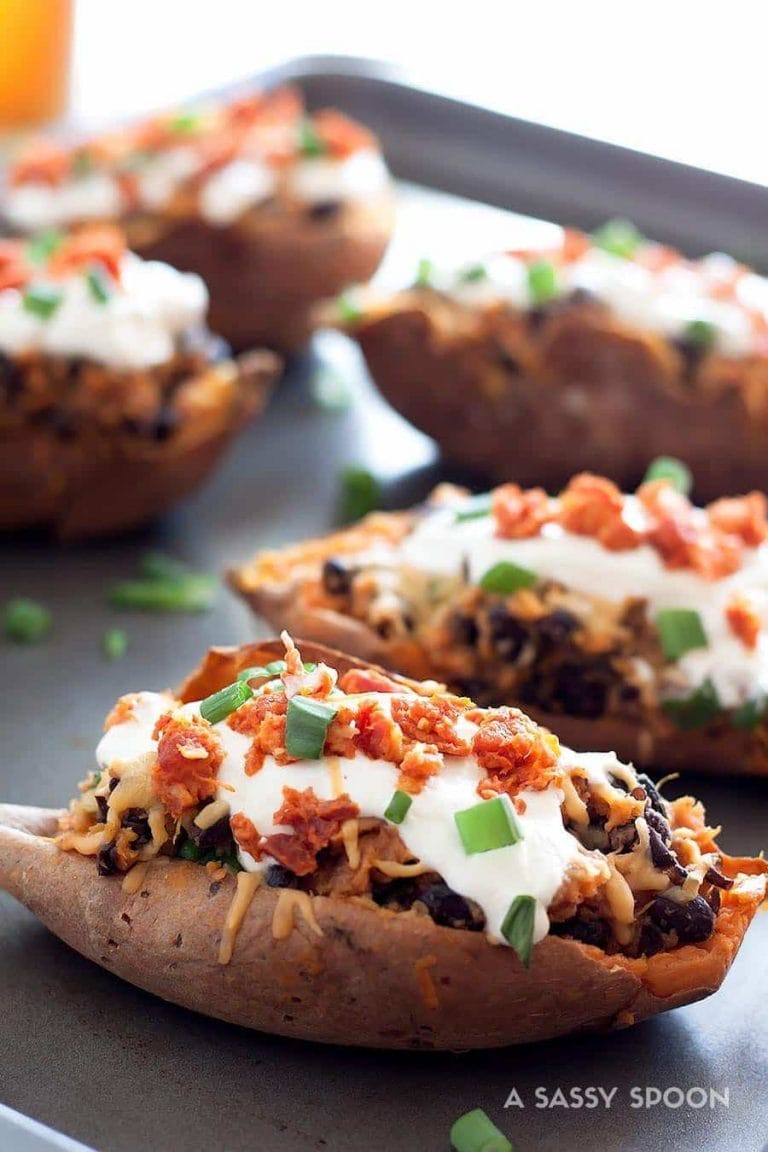 Gouda-Chorizo Loaded Sweet Potato Skins - A Sassy Spoon®