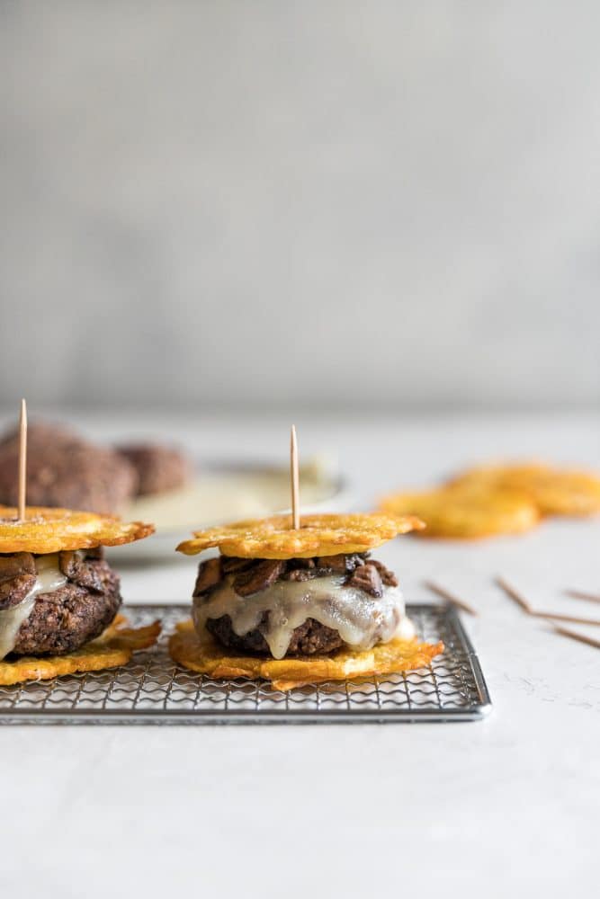 Mushroom Swiss Black Bean Burgers with Plantain Buns - A Sassy Spoon